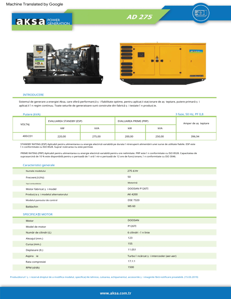Fișă tehnică generator diesel Aksa AD 275