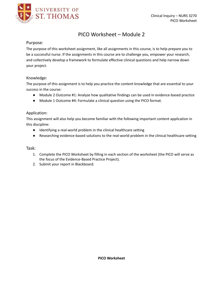 PICO Worksheet - Nursing Clinical Inquiry