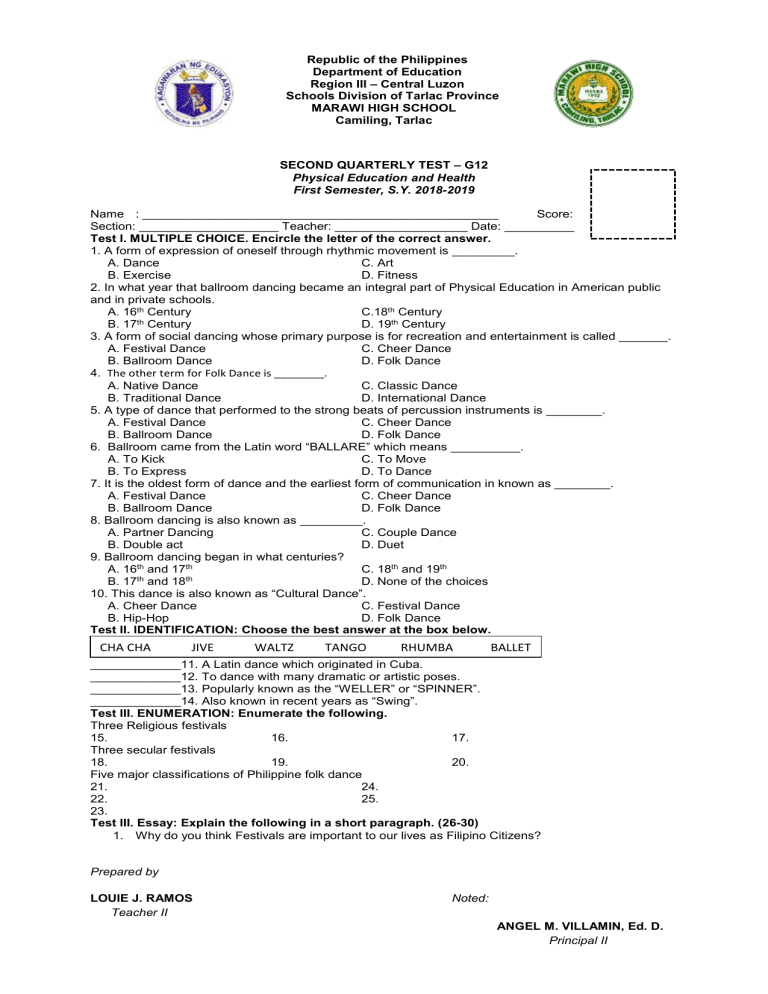 Physical Education & Health Exam - High School