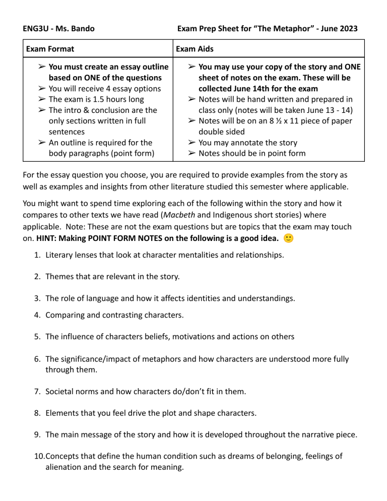 Exam Prep Sheet: The Metaphor - ENG3U
