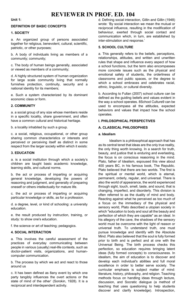Prof Ed 104 Reviewer: Philosophy & Education Concepts