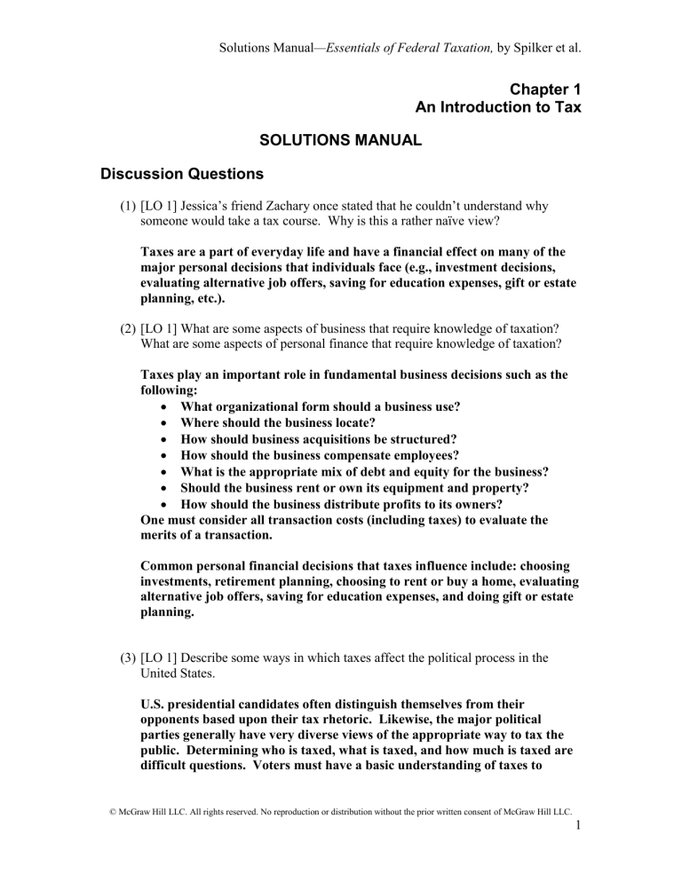 Tax Solutions Manual: Intro to Federal Taxation