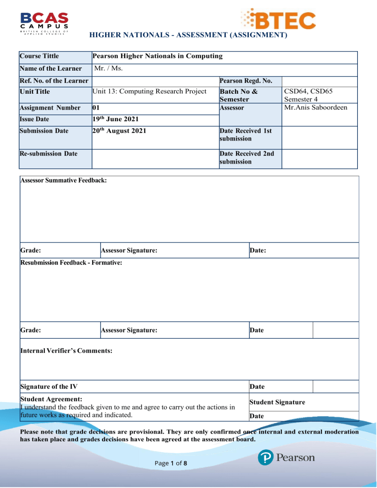 Computing Research Project Assignment Document