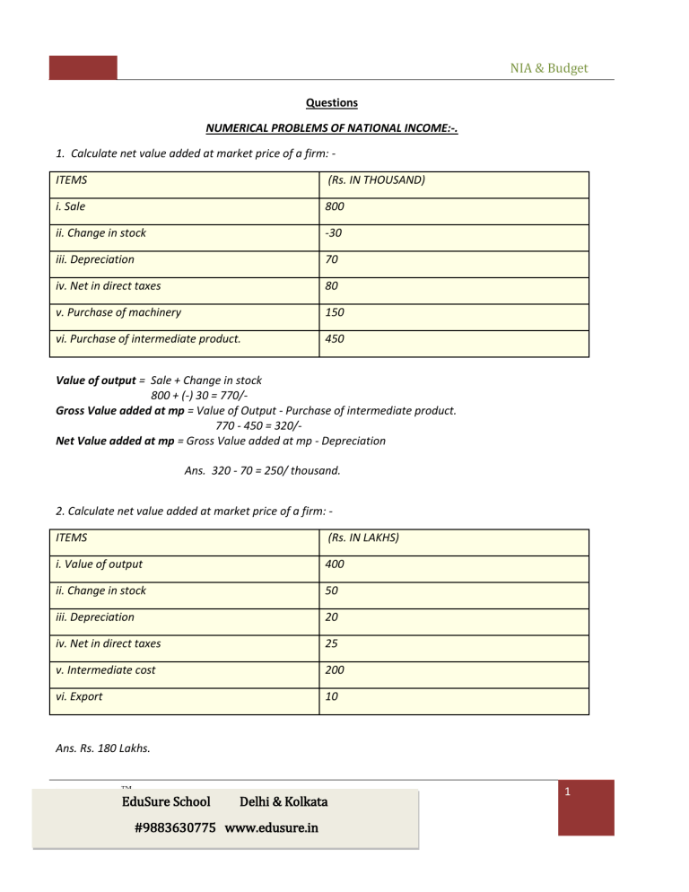 National Income Numerical Problems Worksheet