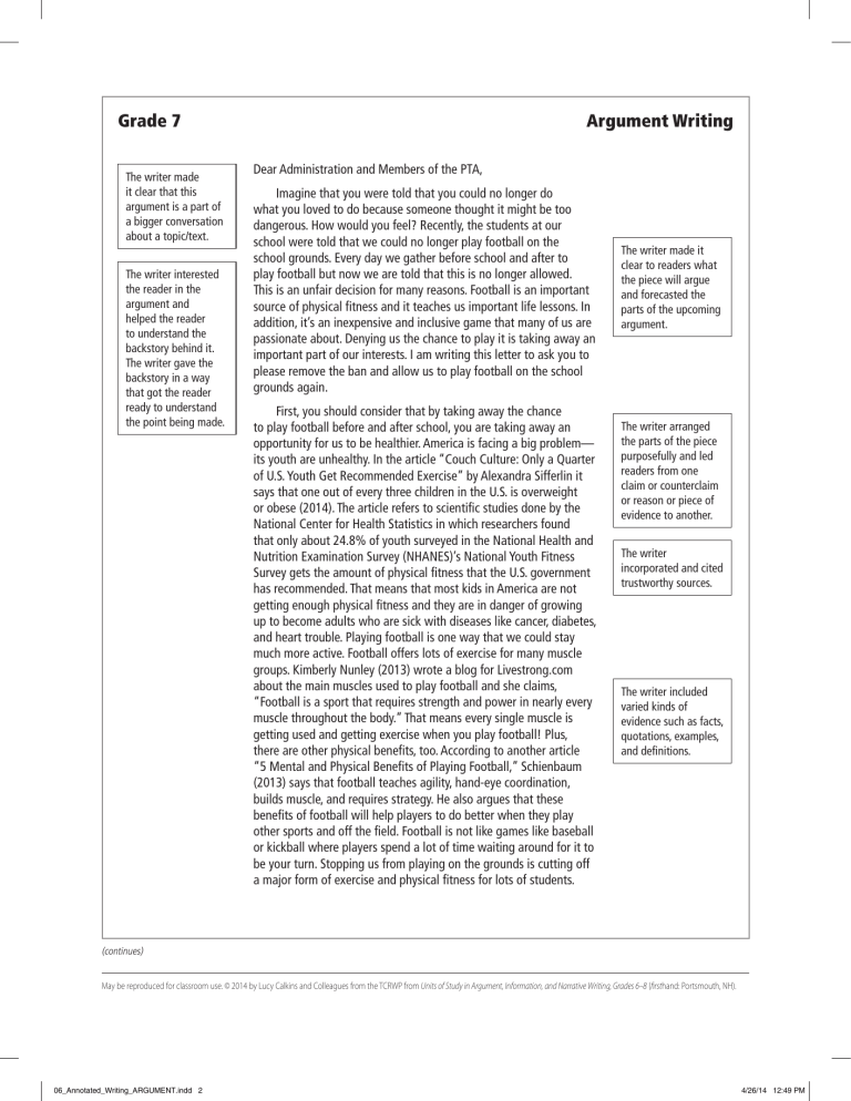 Argument Writing Sample: Football Ban