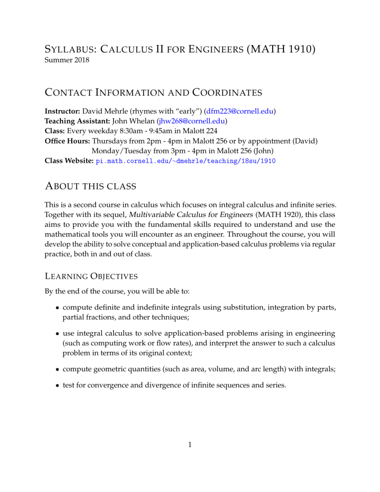 Calculus II for Engineers Syllabus