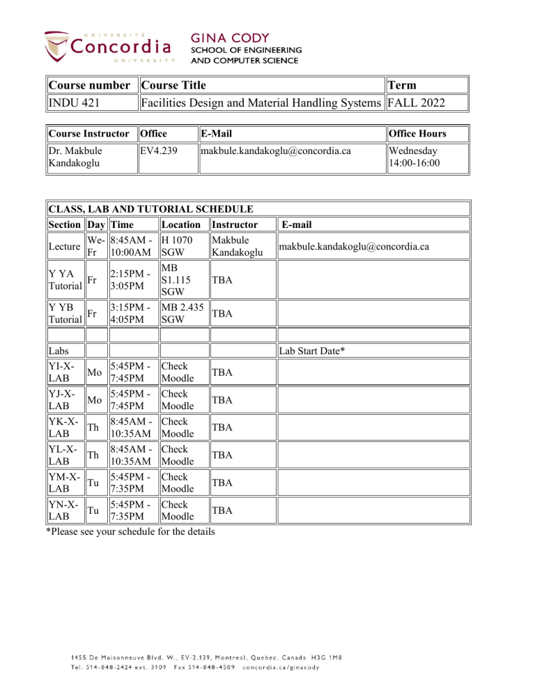 INDU 421 Facilities Design Course Syllabus