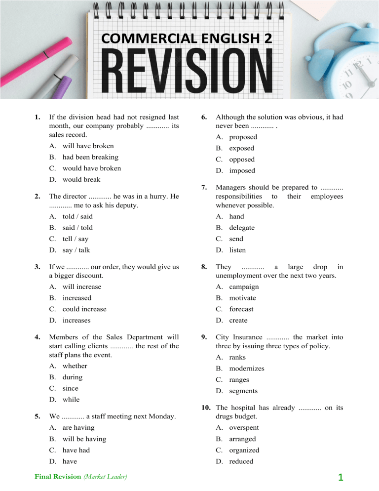 Commercial English 2 Exam Revision - Practice Questions