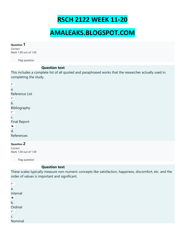 Research Methods Exam: RSCH 2122 Week 11-20