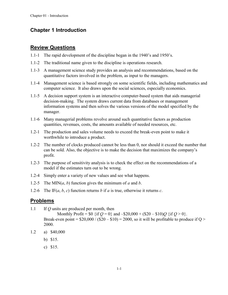 Management Science Introduction: Review & Problems
