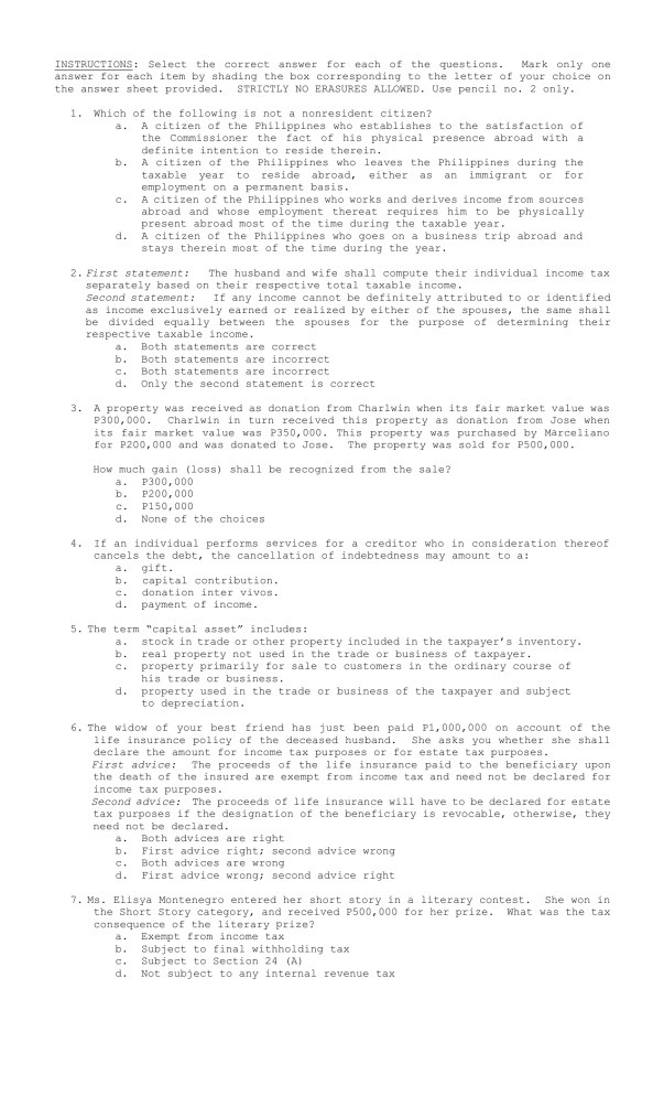 Taxation Exam: Income Tax, Estate Tax, VAT - Practice Questions