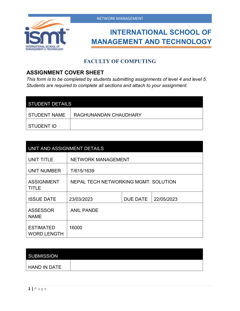 Network Management Assignment Cover Sheet