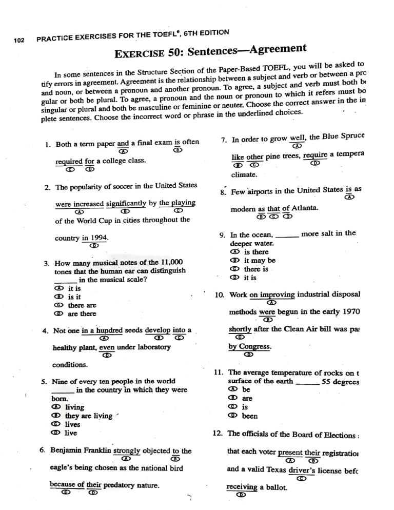 TOEFL Grammar Sentence Agreement Exercises