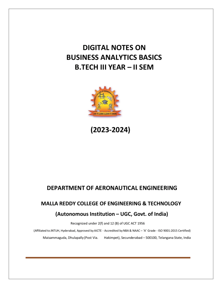 Business Analytics Basics: Digital Notes for B.Tech Students