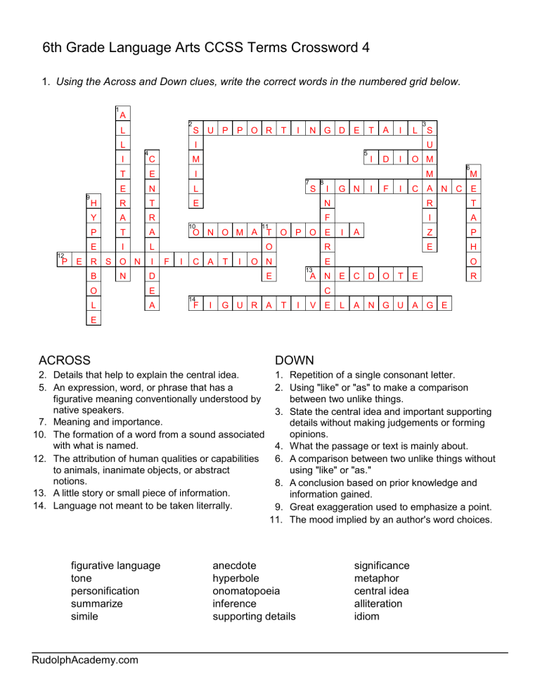 Grade 6 LA CCSS Terms Crossword 4 Answers