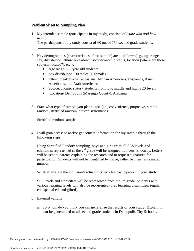 Sampling Plan Problem Sheet: Research Design