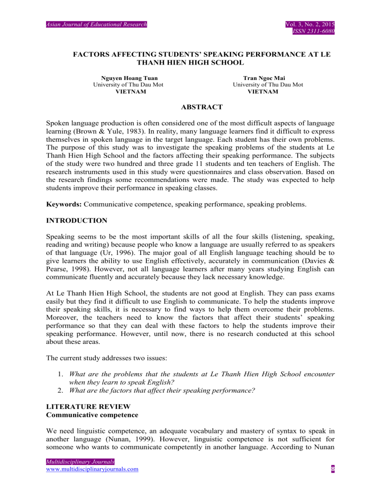 Factors Affecting Students' Speaking Performance
