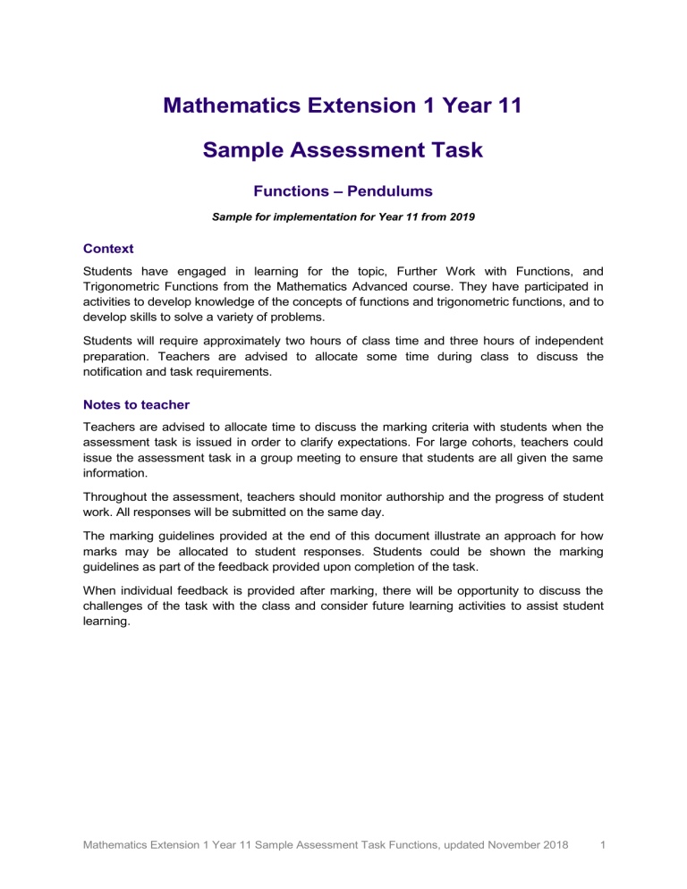 Math Extension 1 Sample Assessment: Functions & Pendulums