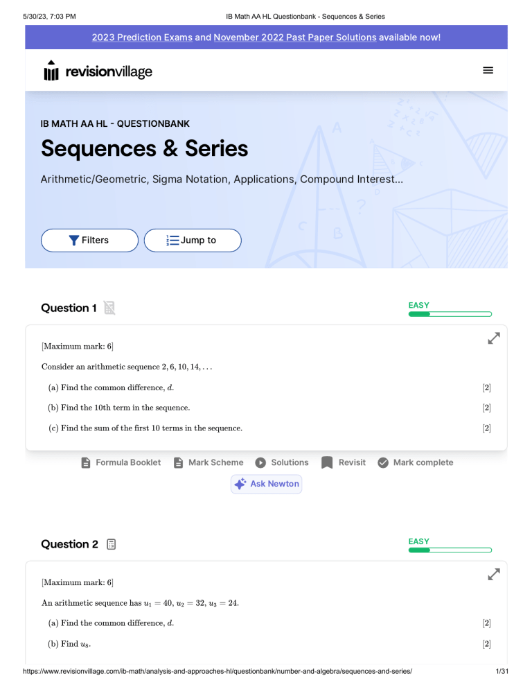 IB Math AA HL Sequences Series Question Bank IB Math AA HL Sequences Series Question Bank