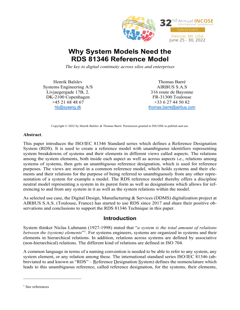 RDS 81346 Reference Model: Digital Continuity in Systems Engineering