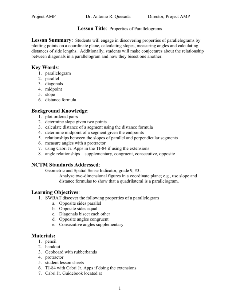 Properties of Parallelograms Lesson Plan
