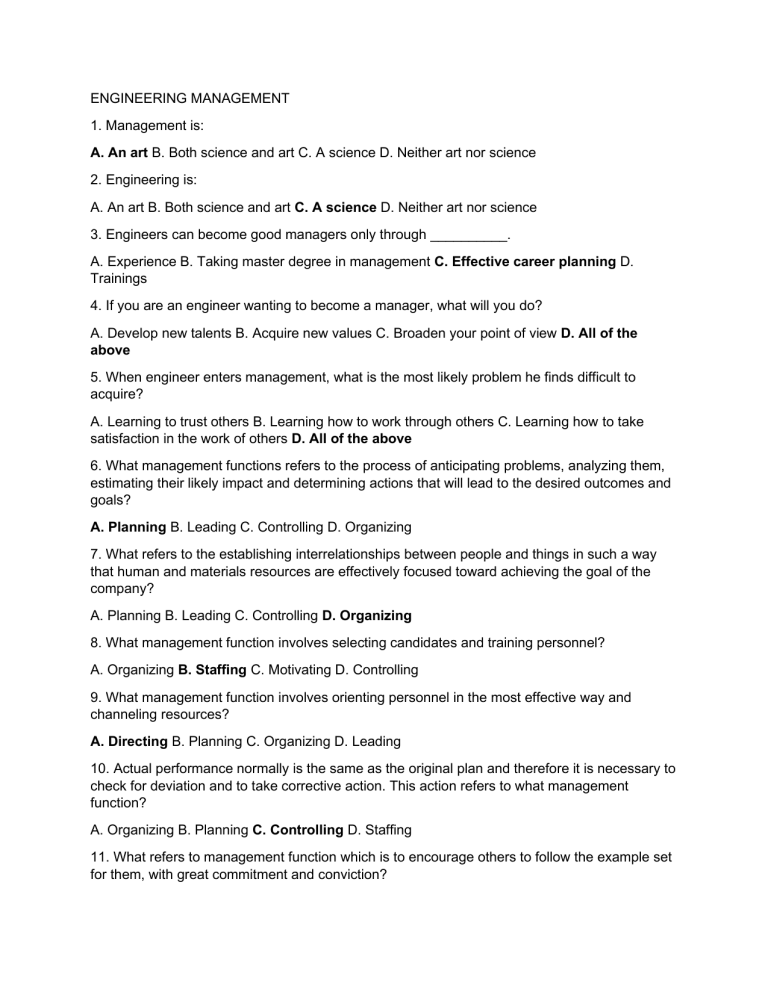 Engineering Management Test Questions
