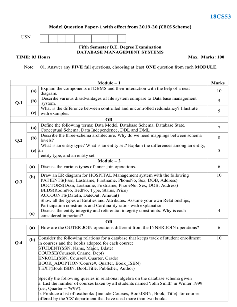 Database Management Systems Model Question Paper
