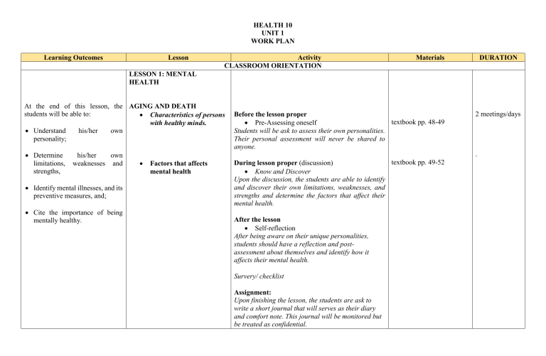 Health 10 Mental Health Work Plan