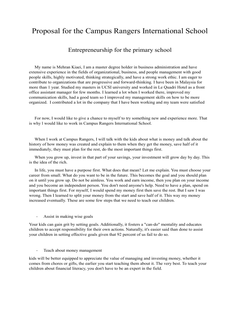 Entrepreneurship Program Proposal for Primary School