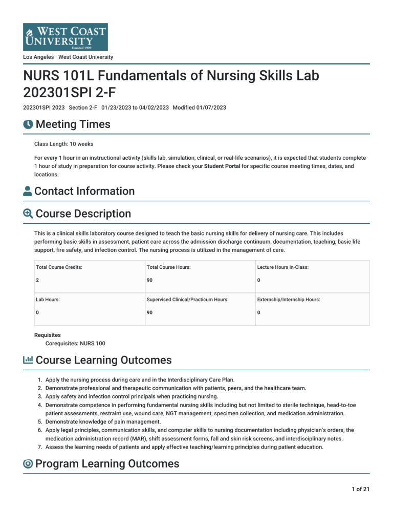 NURS 101L Fundamentals of Nursing Skills Lab 202301SPI 2 F 202301SPI 2023