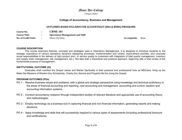 Operations Management & TQM Syllabus