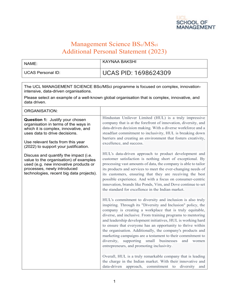 2023 Management Science Additional Personal Statement
