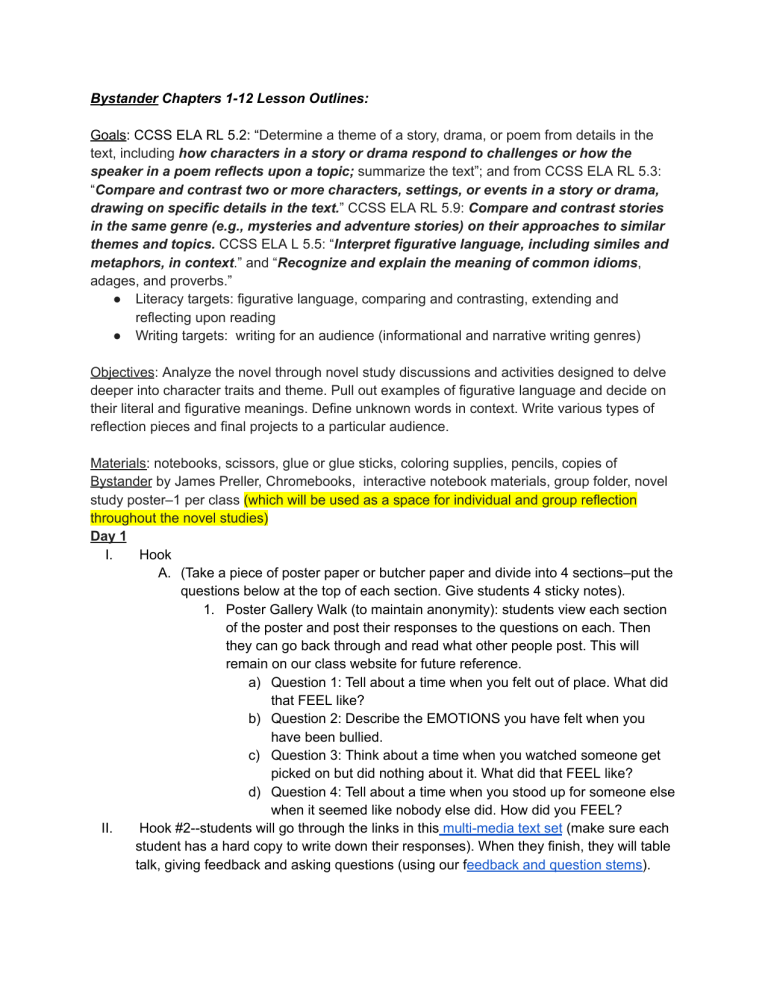 Bystander Novel Study: Chapters 1-12 Lesson Outlines