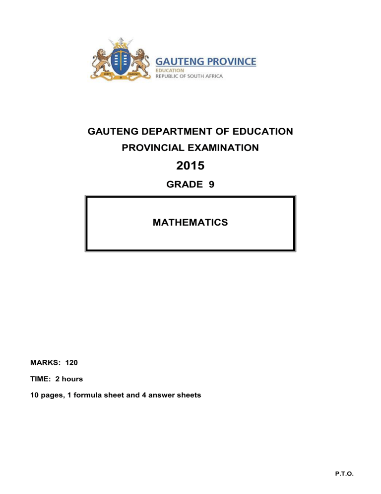 Grade 9 Mathematics Exam Paper - Gauteng 2015