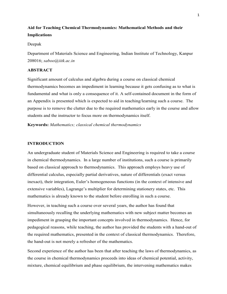 Teaching Chemical Thermodynamics: Mathematical Methods