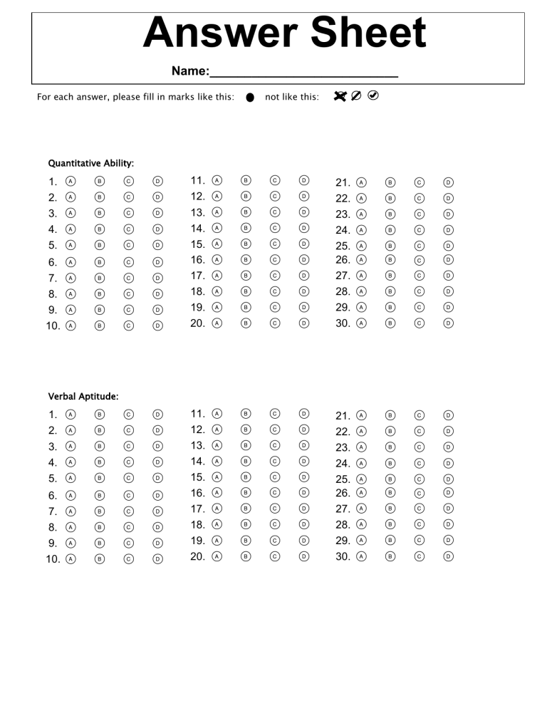 Answer Sheet For Multiple Choice Test