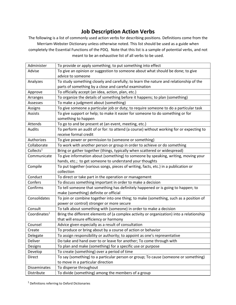 Job Description Action Verbs Job Description Action Verbs