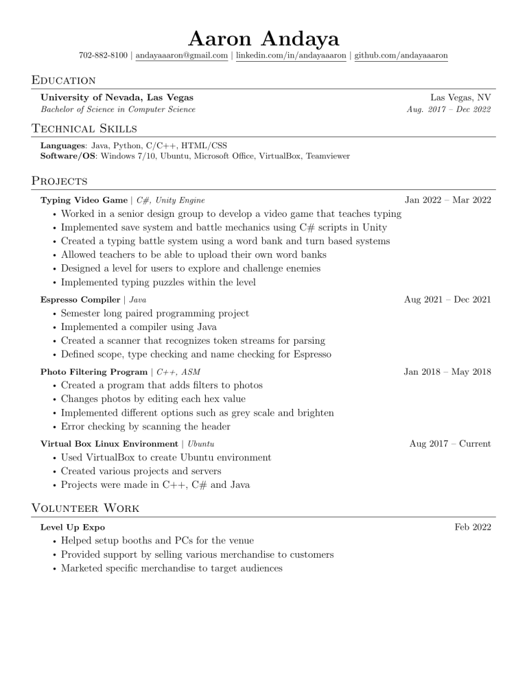 Aaron Andaya - Computer Science Resume