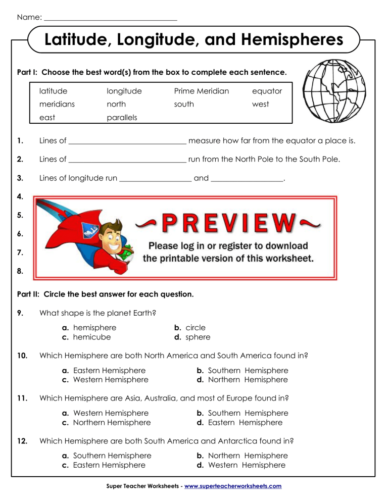 Latitude, Longitude, and Hemispheres Worksheet