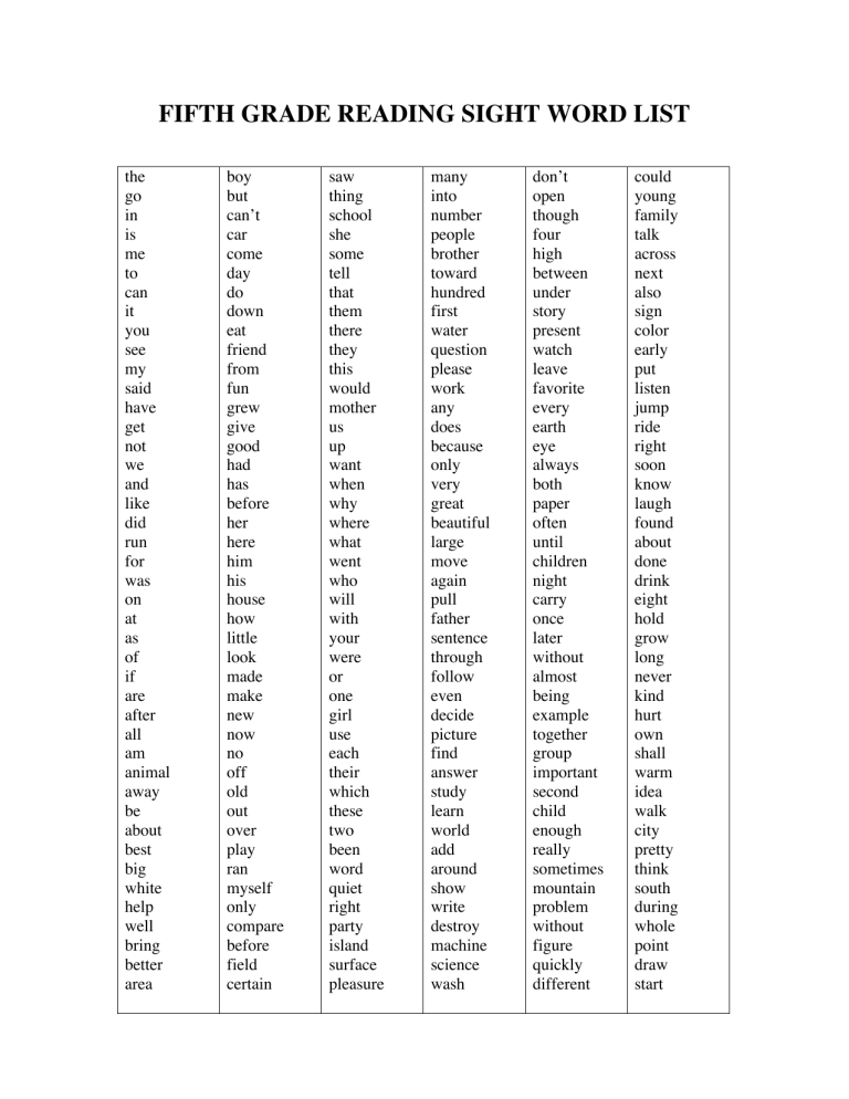 Fifth Grade Dolch Words