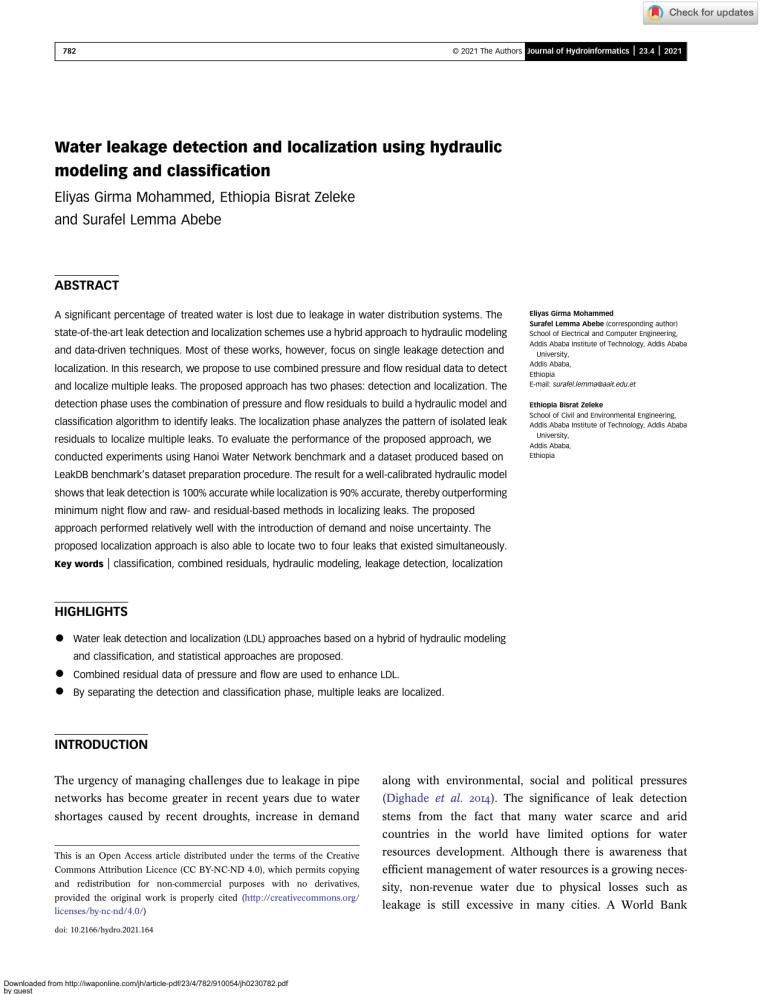Water Leakage Detection Using Hydraulic Modeling