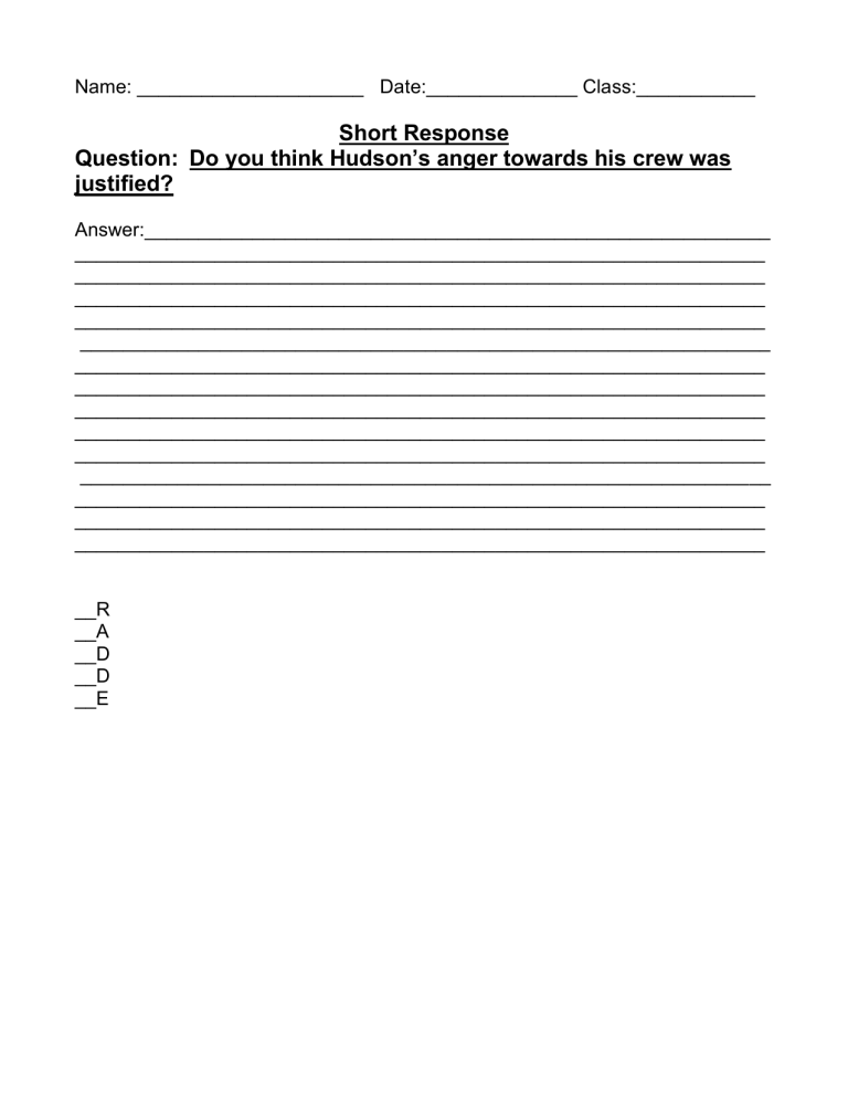 Hudson Character Analysis Worksheet