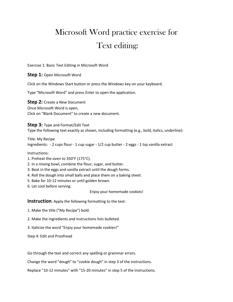 Word Text Editing Exercise Recipe Formatting