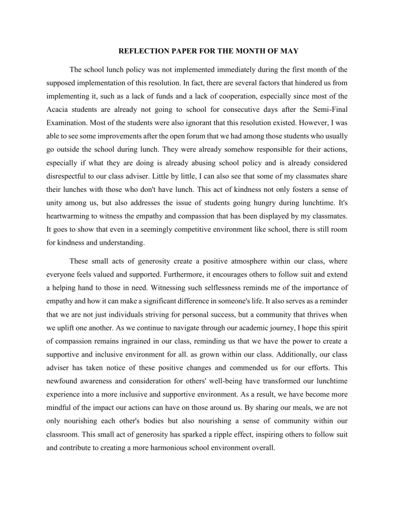 School Lunch Policy Reflection Paper