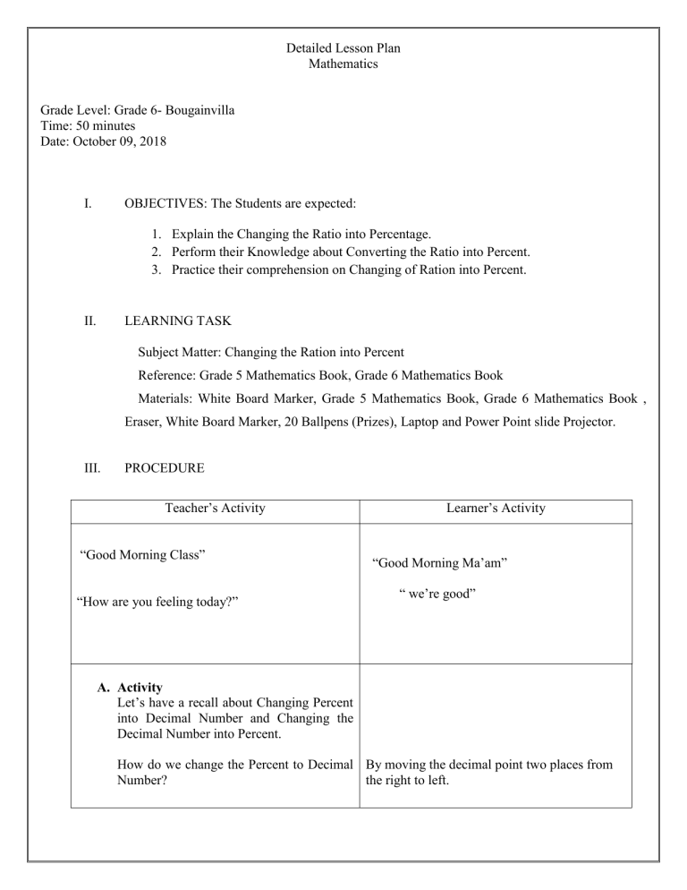 Detailed Lesson Plan Mathematics Grade L