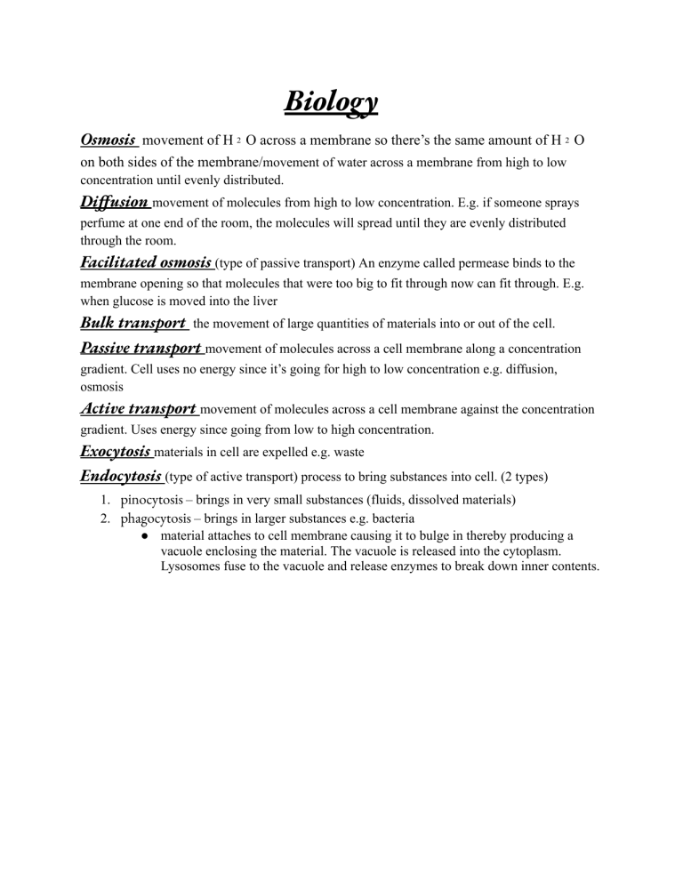 Biology Notes: Osmosis, Diffusion, Transport