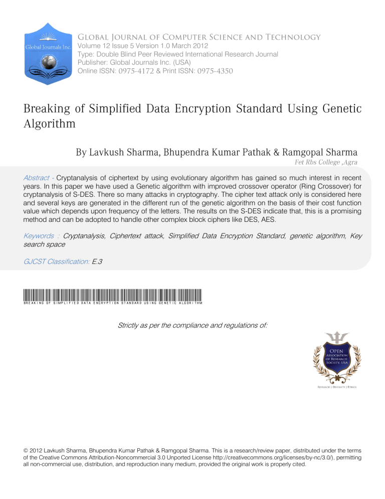Breaking Of Simplified Data Encryption Standard Using Genetic Algorithm