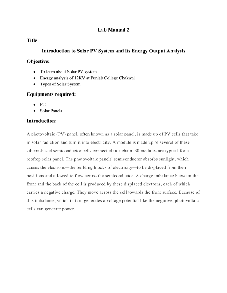 Solar PV System Lab Manual: Energy Output Analysis