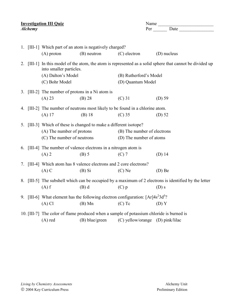 Chemistry Quiz: Atomic Structure & Electron Configuration
