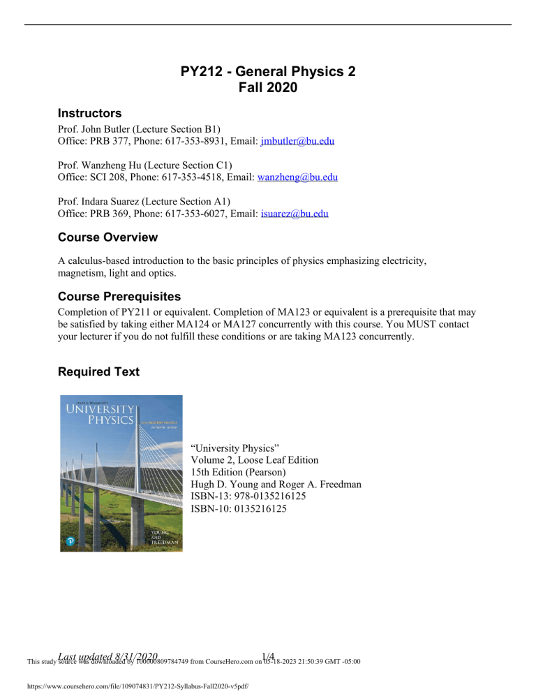 PY212 General Physics 2 Syllabus Fall 2020